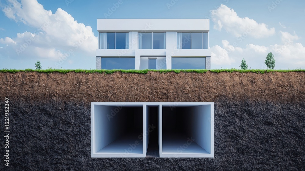 A modern house design showcased above ground with detailed underground ...