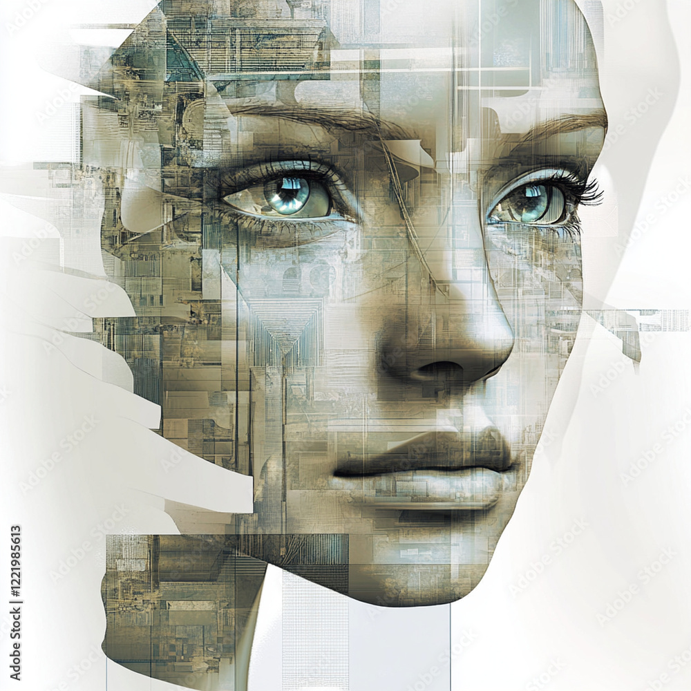 A futuristic, abstract composition blending a detailed human face with ...