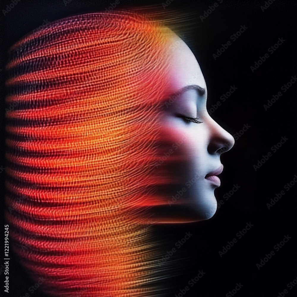 A serene profile of a woman's face with vibrant, abstract waves of ...