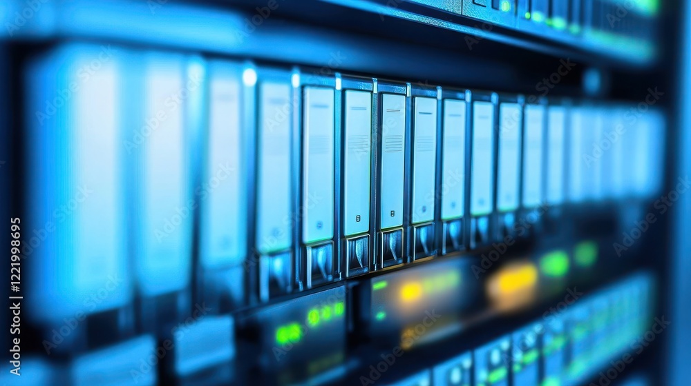 Data center server rack storage, glowing blue lights, night operation ...