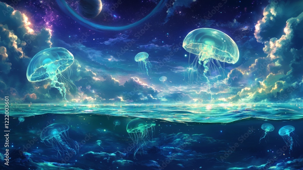 alien ocean world with translucent, glowing jellyfish-like creatures ...