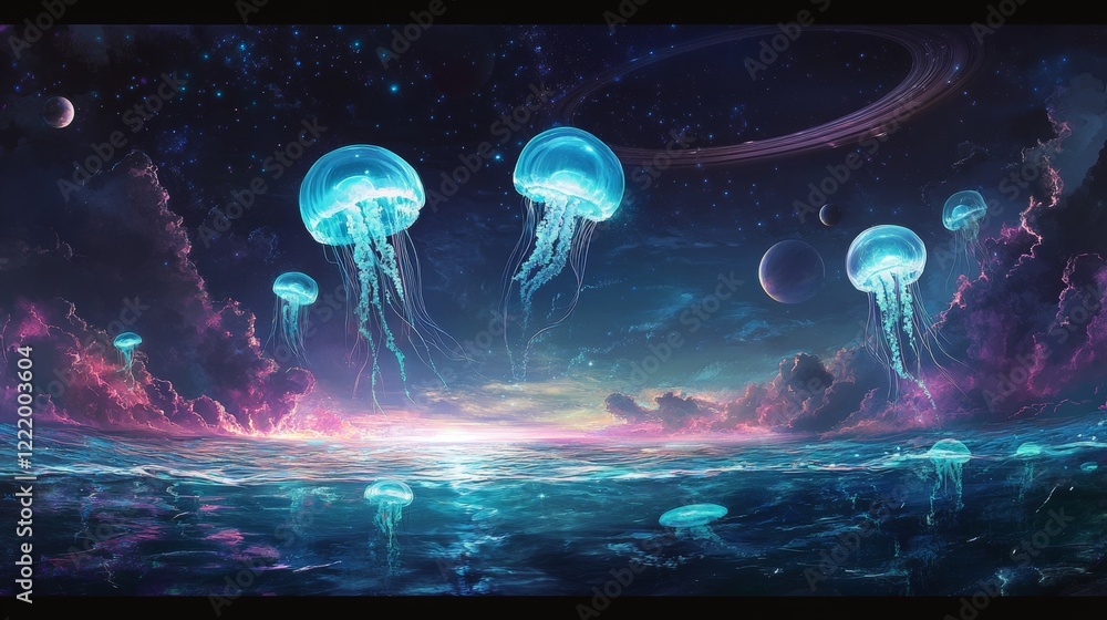 alien ocean world with translucent, glowing jellyfish-like creatures ...
