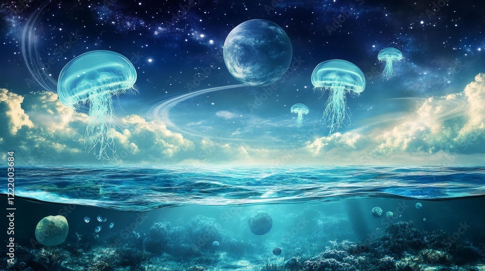 alien ocean world with translucent, glowing jellyfish-like creatures ...