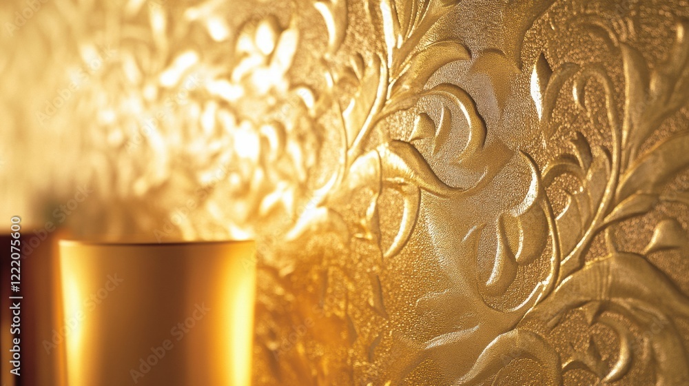 Metallic wallpaper in shimmering gold with intricate embossed patterns ...