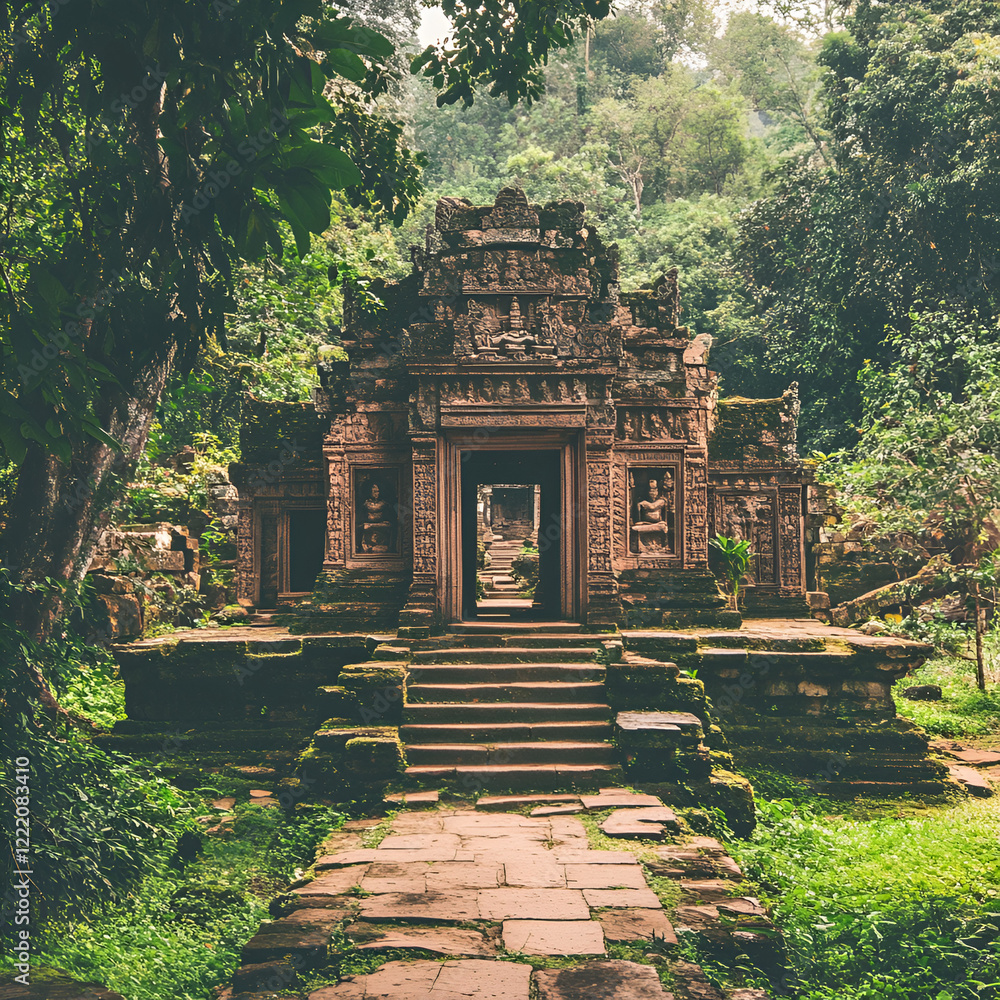 Ancient Temple Gateway: A stone gateway to a forgotten temple, half ...