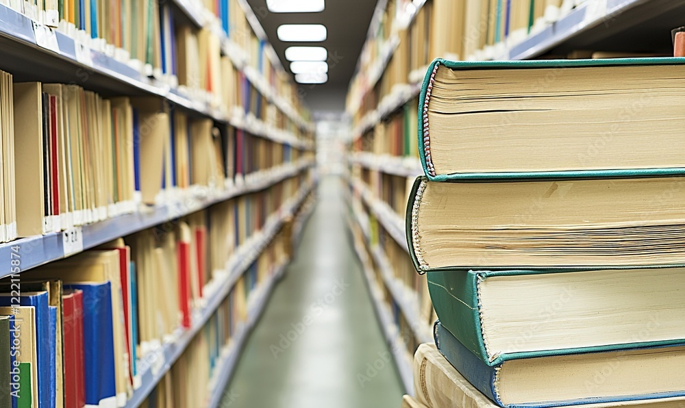 Stacked books in library aisle with blurred shelves background, ideal ...