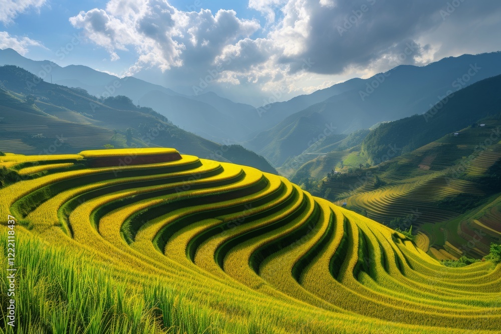 Terraced rice fields in Mu during the harvest season showcase lush ...