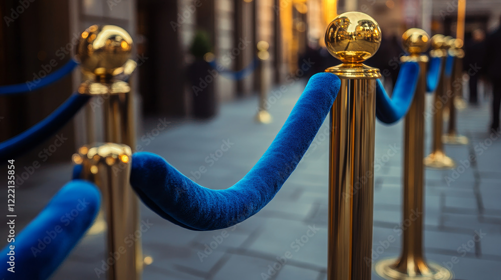 Blue rope barrier with gold stanchions. Velvet fence for entrance to ...