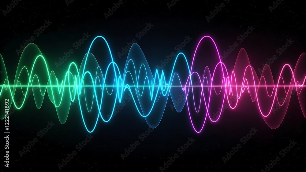 Abstract neon waveforms on black background, vibrant colors radiating ...