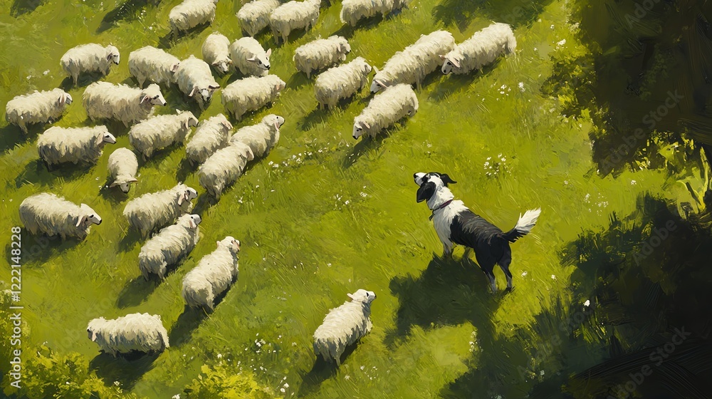 A border collie herding sheep on a lush green pasture. The agile dog ...