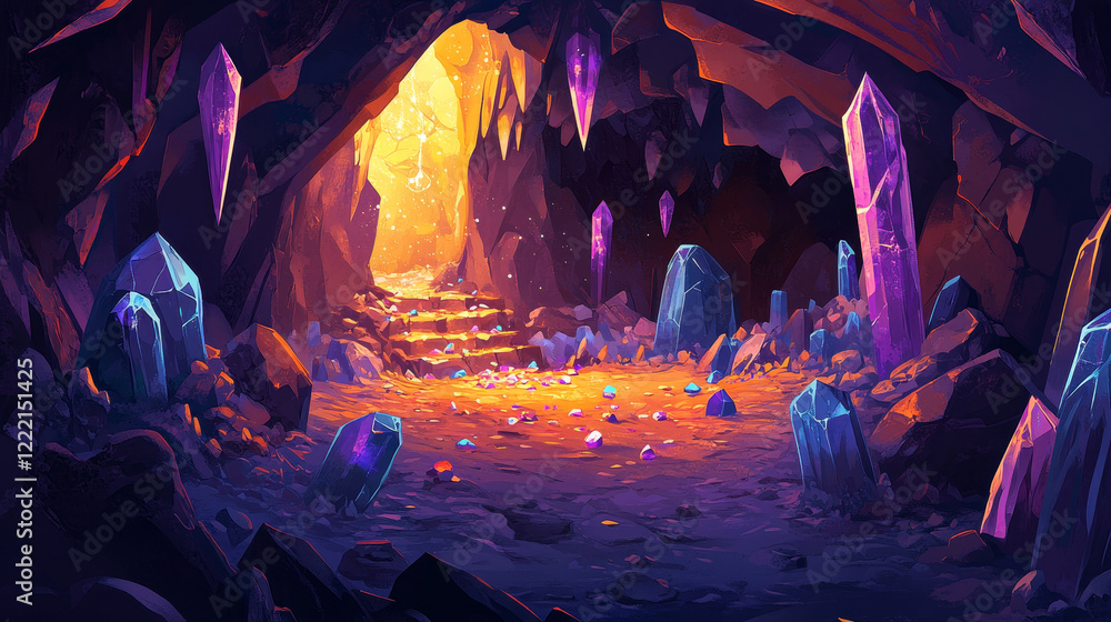 Underground mine with crystal vector background. Dark cave graphic with ...