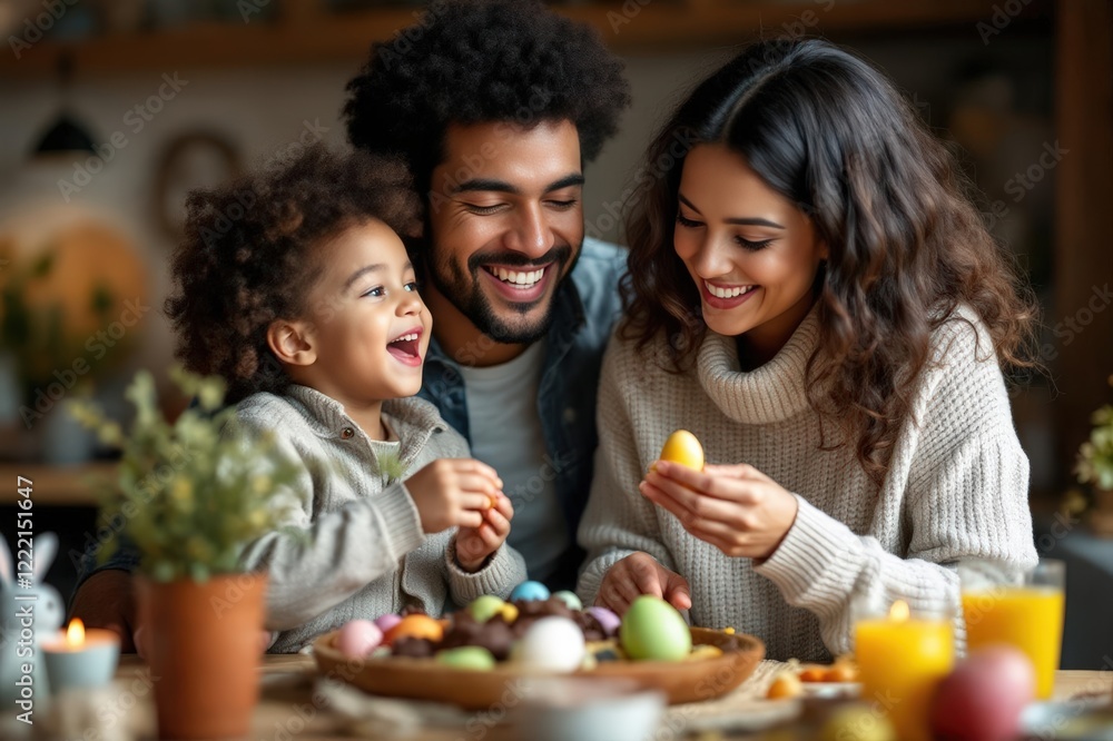 Portrait happy latin family eating chocolate eggs at home. Smiling ...