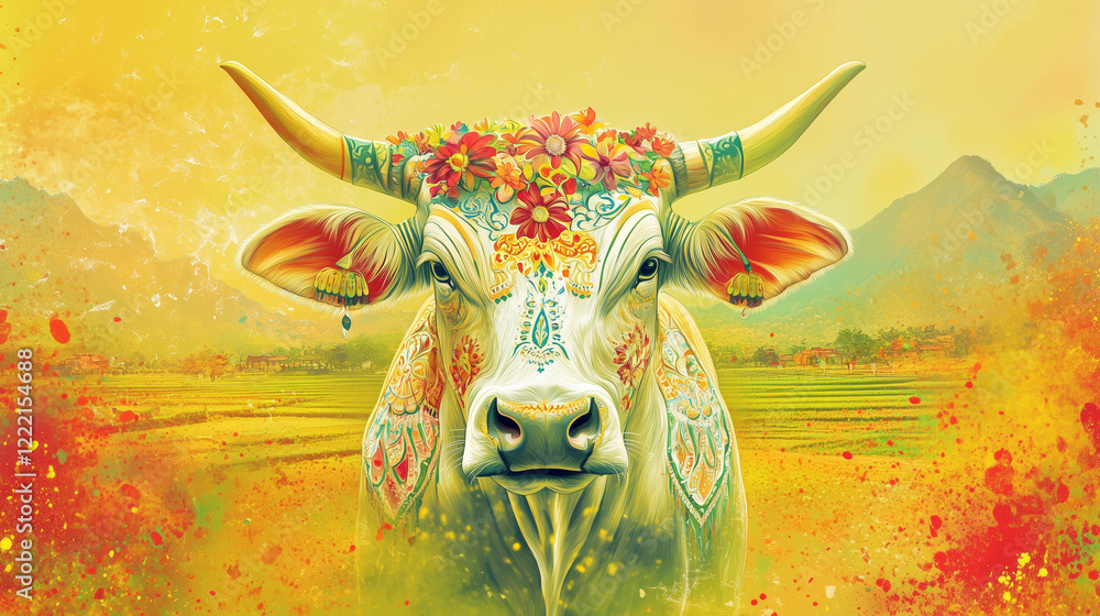 Foto de Stock Holi Cow Festival Banner with soft green and yellow color ...