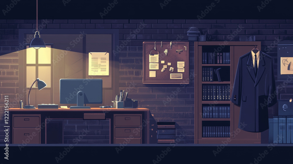 Detective office interior at night time. Police workplace cabinet with ...