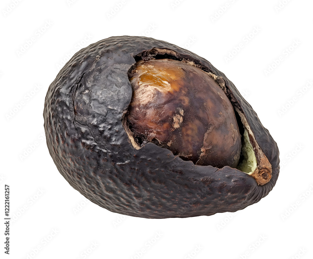 rotten avocado with exposed seed and decayed skin isolated on ...