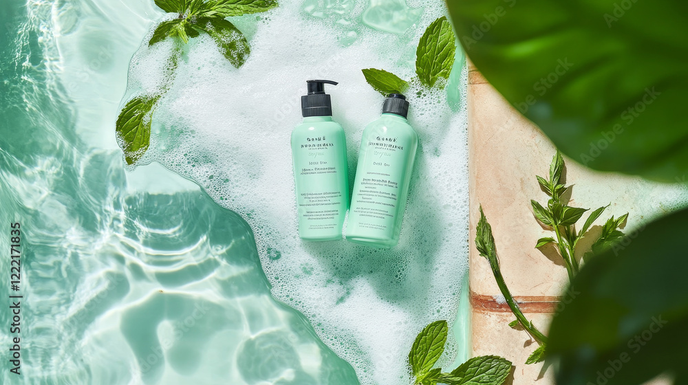 Cosmetic products in water splash with mint leaves. Vector realistic ...