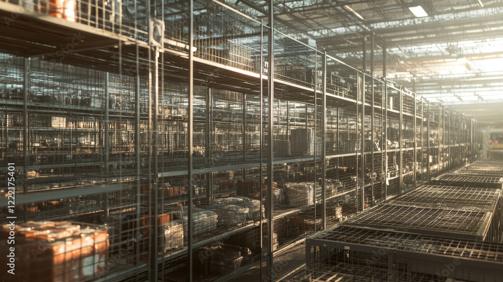 Empty warehouse interior with metal racks. Storage room in factory, supermarket or distribution ...