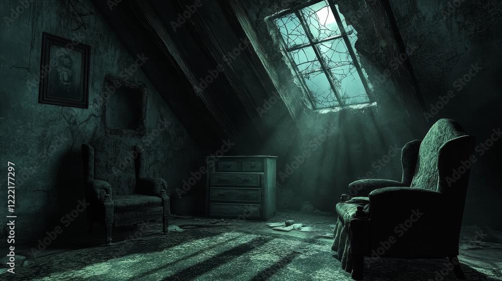 Old abandoned attic house room interior at night cartoon halloween ...