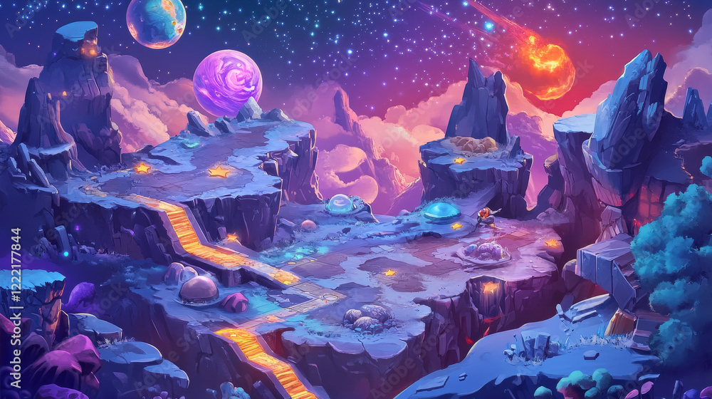 Space game level map with platforms, alien landscape and planets in sky ...