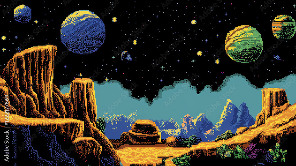 Space game level map with platforms, alien landscape and planets in sky. Vector background for ...