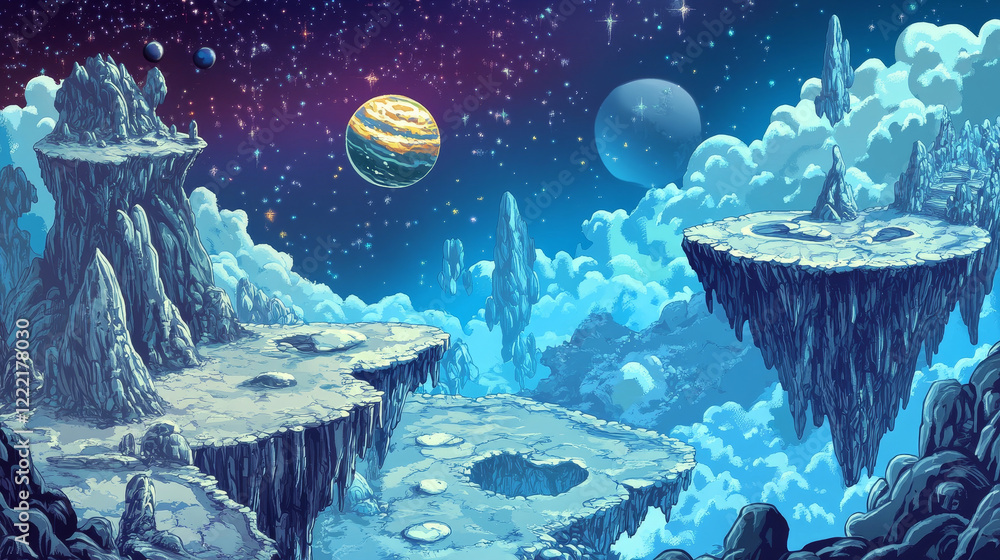 Space game level map with platforms, alien landscape and planets in sky ...