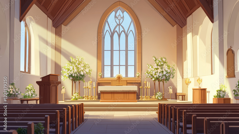 Catholic church interior with altar, wooden benches, tall arch window ...