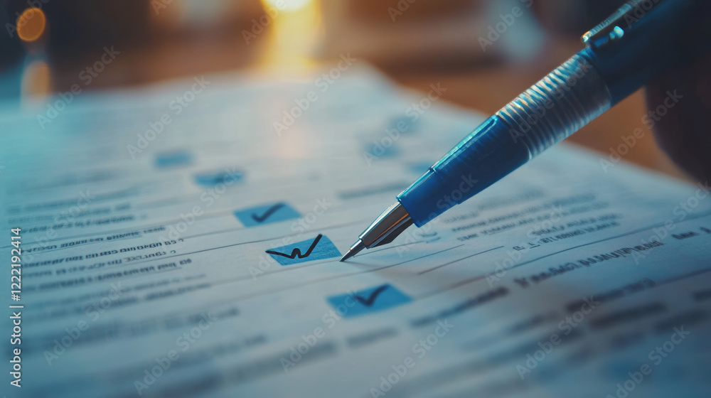 3D illustration of pen putting blue ticks on checklist papers. Election ...