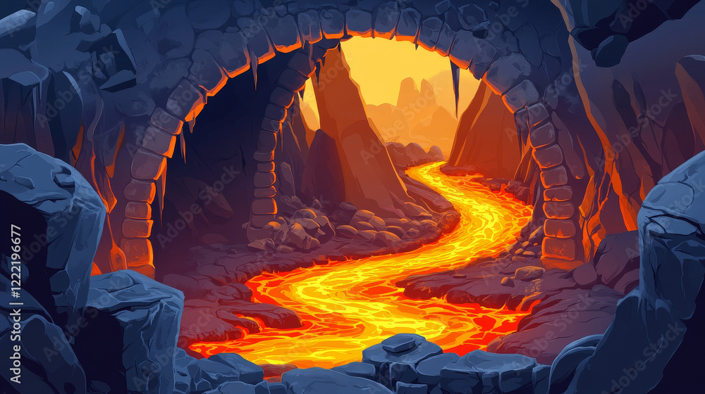 Lava flow inside volcano cave. Vector cartoon illustration of hell ...