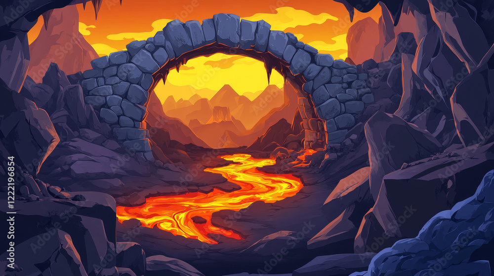 Lava flow inside volcano cave. Vector cartoon illustration of hell ...