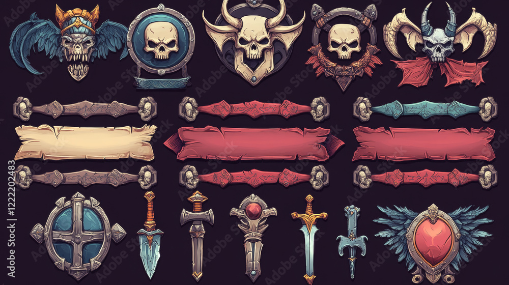 Medieval level frames, viking game ui menu elements, gold or silver ...