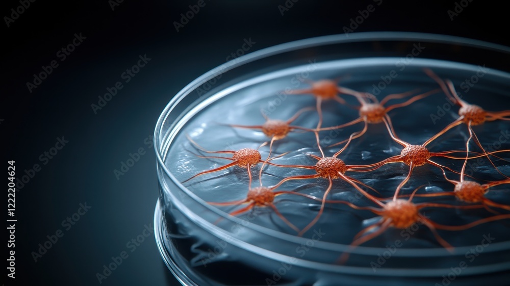 Neural precursor cells in a labeled Petri dish, showcasing cellular ...