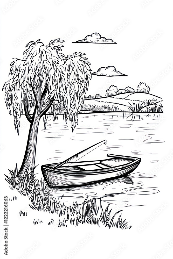 A simple black and white line drawing of a boat tied to a shore with a ...