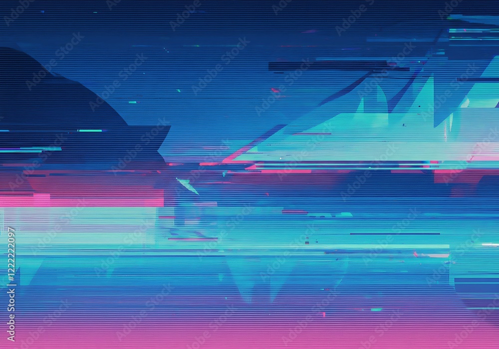 Abstract blue, mint and pink background with interlaced digital glitch ...