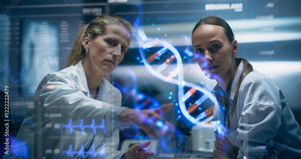 Physician And Patient Examine A Holographic Dna Model. AI-Powered ...