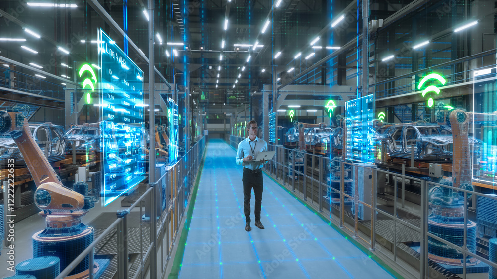 Engineer With Laptop Activates Autonomous EV Factory Digitization ...