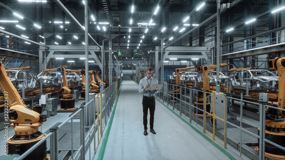 Engineer Holds Laptop Walks through Autonomous Automotive Assembly Line ...