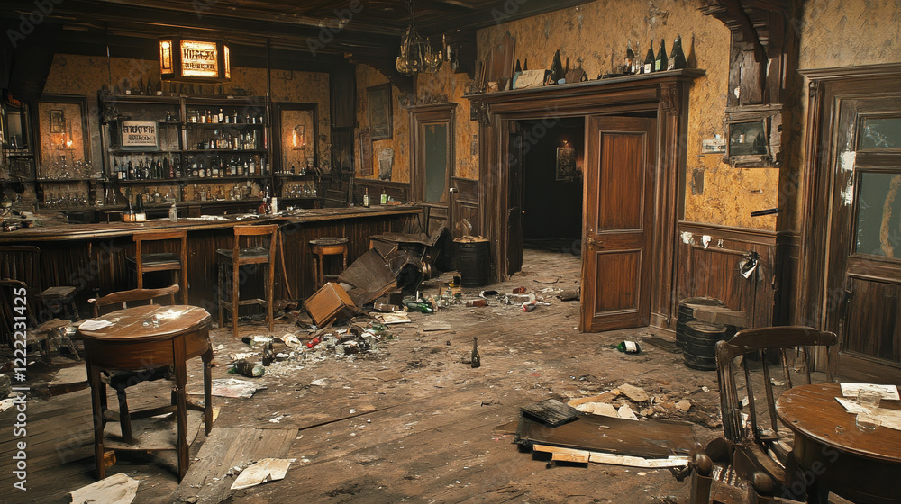 Mess in tavern after criminal fight. Vector cartoon illustration of ...