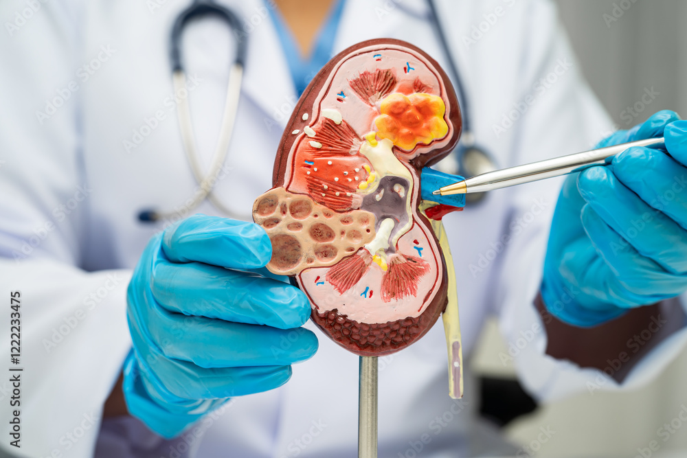 Chronic kidney disease, doctor with model for treatment urinary system ...