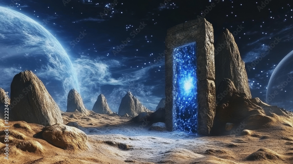 Magic portal on alien planet, space landscape, fantasy scene with rocks ...