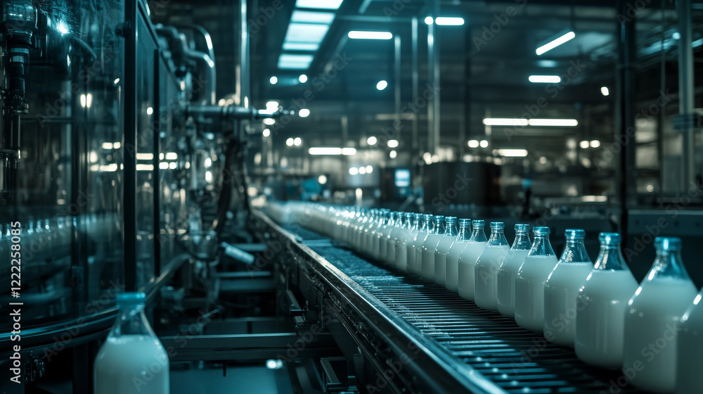 Milk factory interior, glass bottles on conveyor belt, cartoon vector ...