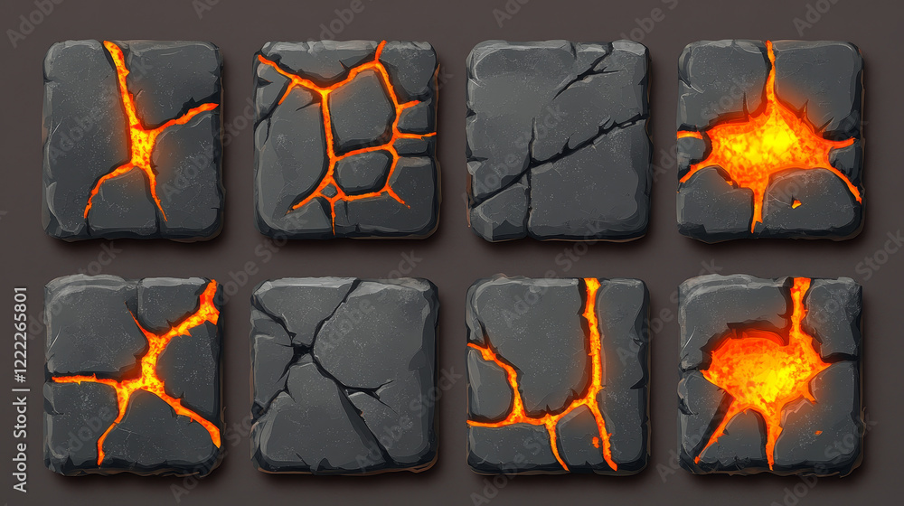Lava game buttons animation set. Vector cartoon illustration of stone ...