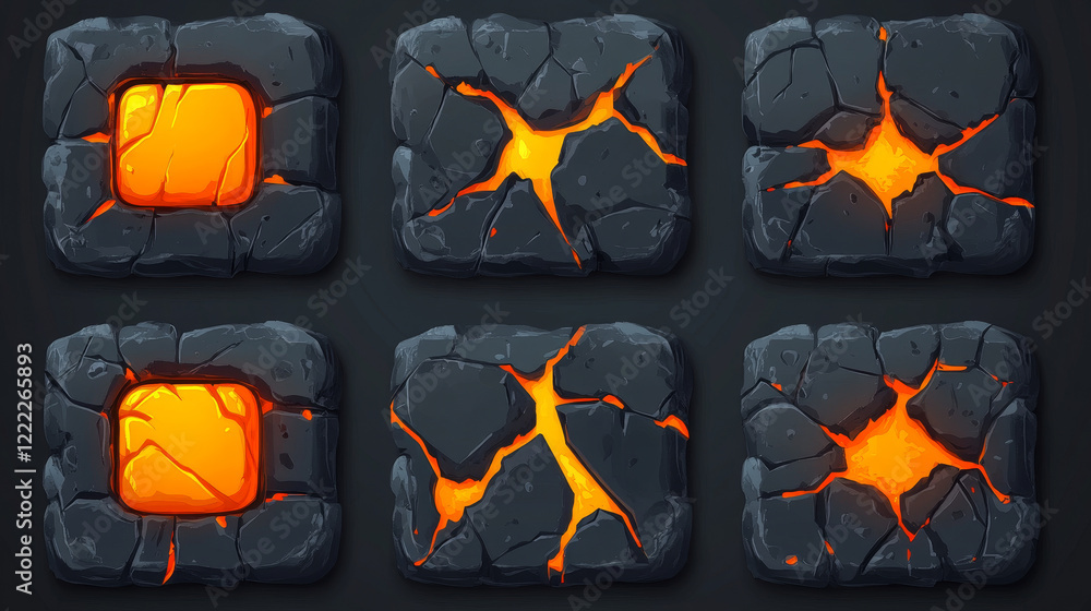 Lava game buttons animation set. Vector cartoon illustration of stone ...