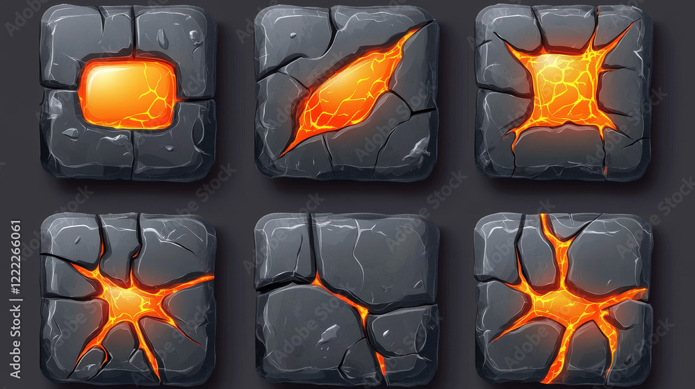 Lava game buttons animation set. Vector cartoon illustration of stone ...