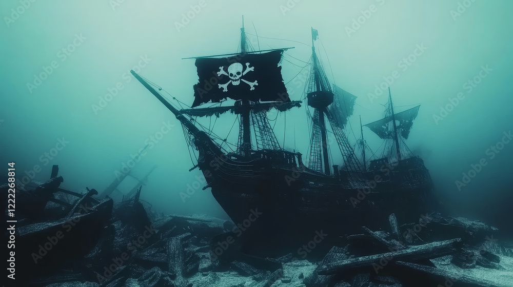 Parallax background for game, sunken pirate ship with black sails and ...