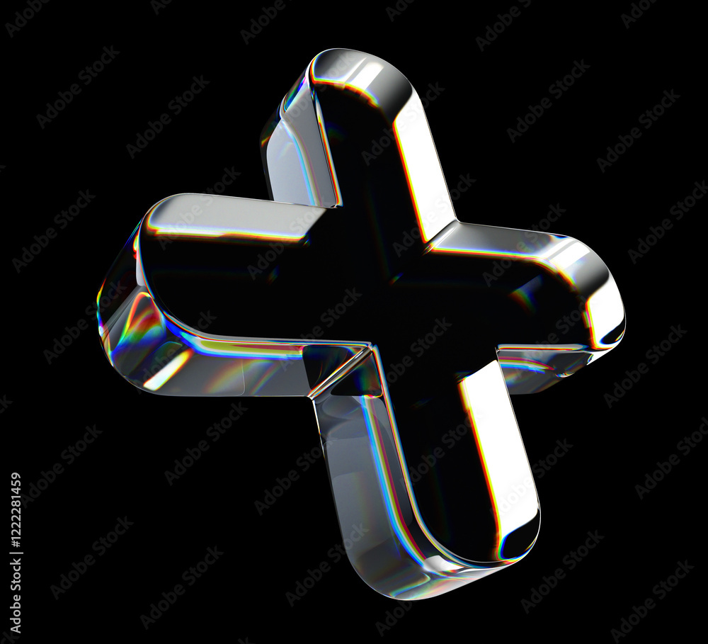 3d glass holographic transparent plus sign with dispersion light on ...