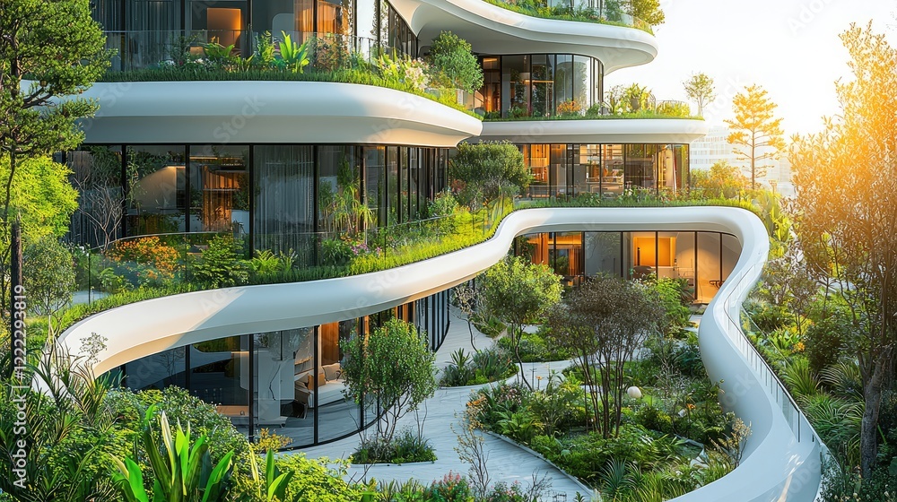 Modern housing complex wide inner courtyard curved balconies with green ...