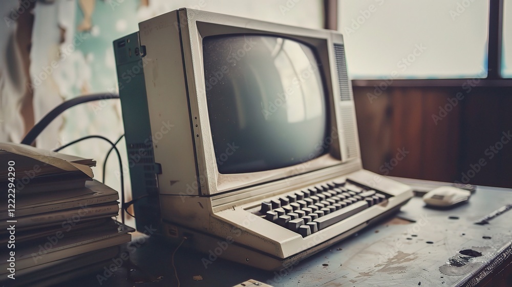 A nostalgic old computer, boasting a bulky form, a cathode - ray tube ...