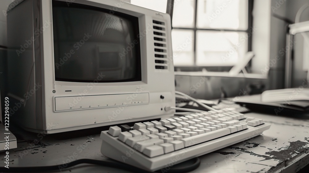 A nostalgic old computer, boasting a bulky form, a cathode - ray tube ...