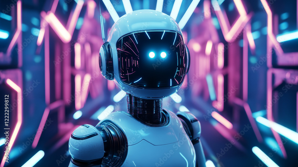 Technology cartoon web banner, artificial intelligence robot at neon ...