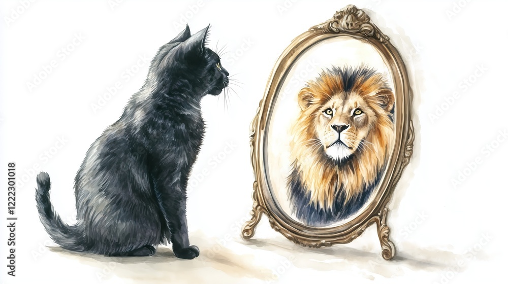 Watercolor painting Clip art Black cat looking in the mirror. The ...